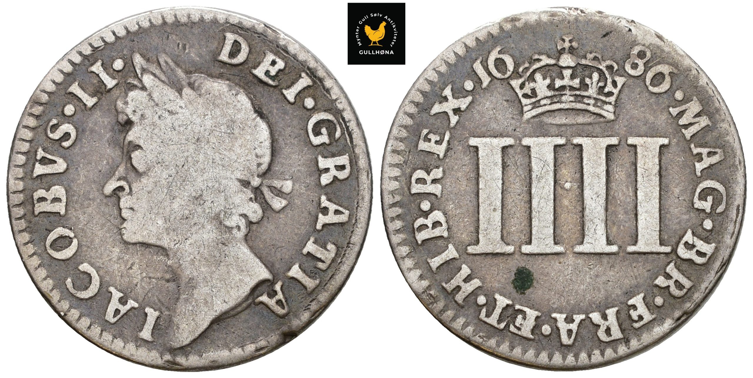 1686 England 3 Pence - Jakob II - Gullhona.no