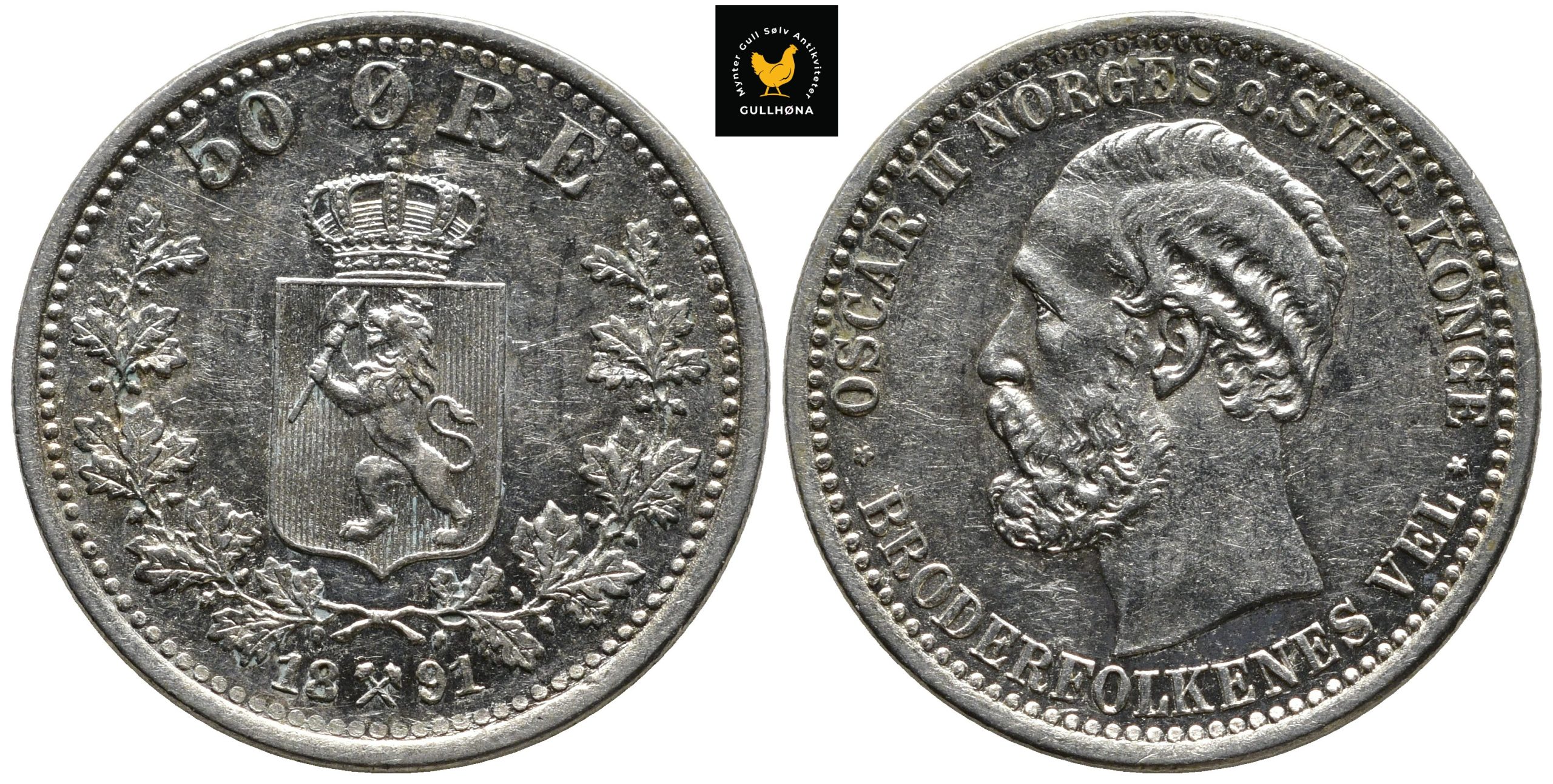 1891 Norge 50 Øre, 01, Renset - Gullhona.no