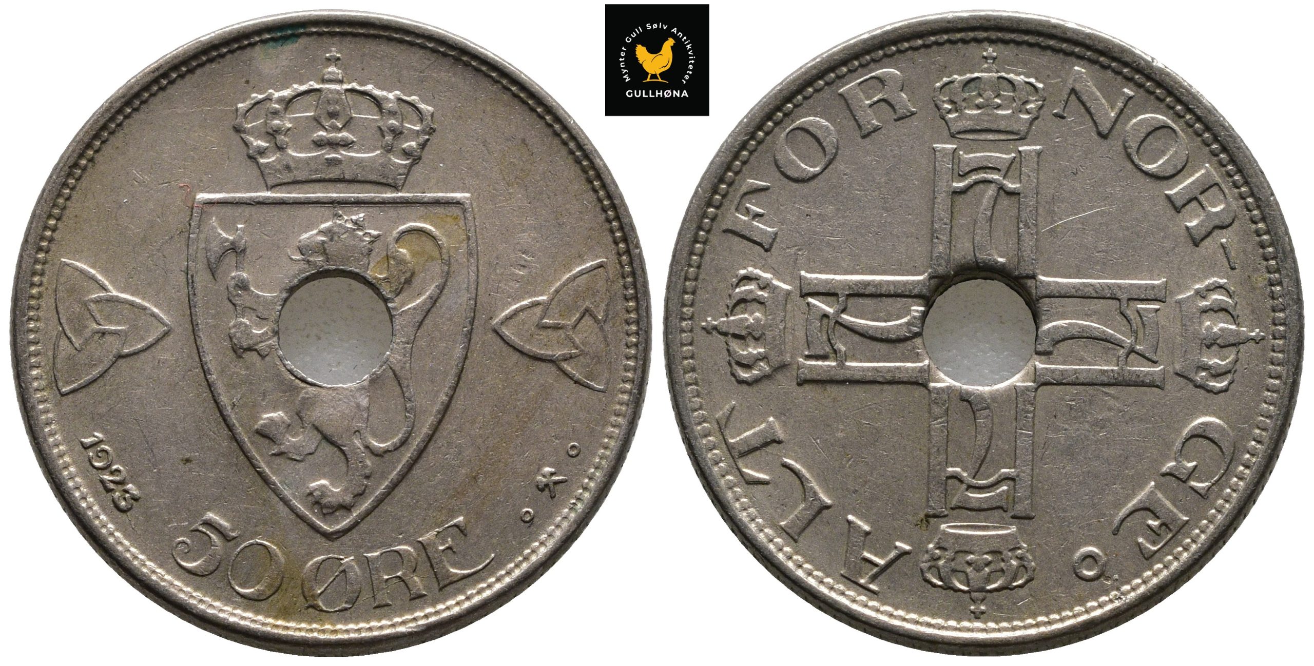 1923 Norge 50 Øre, med hull, 1+/01 - Gullhona.no