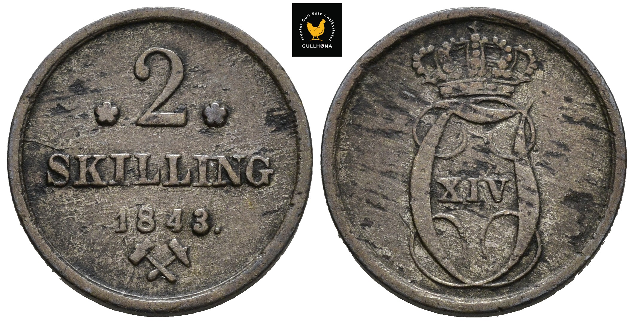 1843 Norge 2 Skilling, 1+ - Gullhona.no