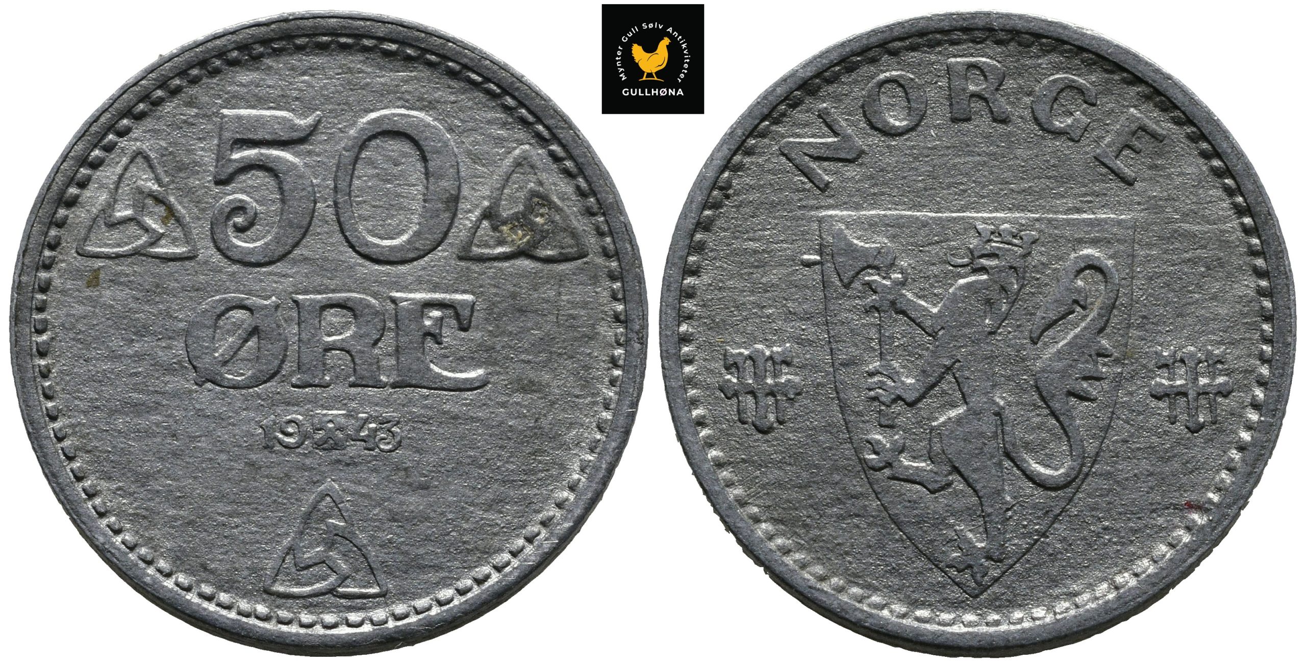 1943 Norge 50 Øre, 0/01, Flekk - Gullhona.no